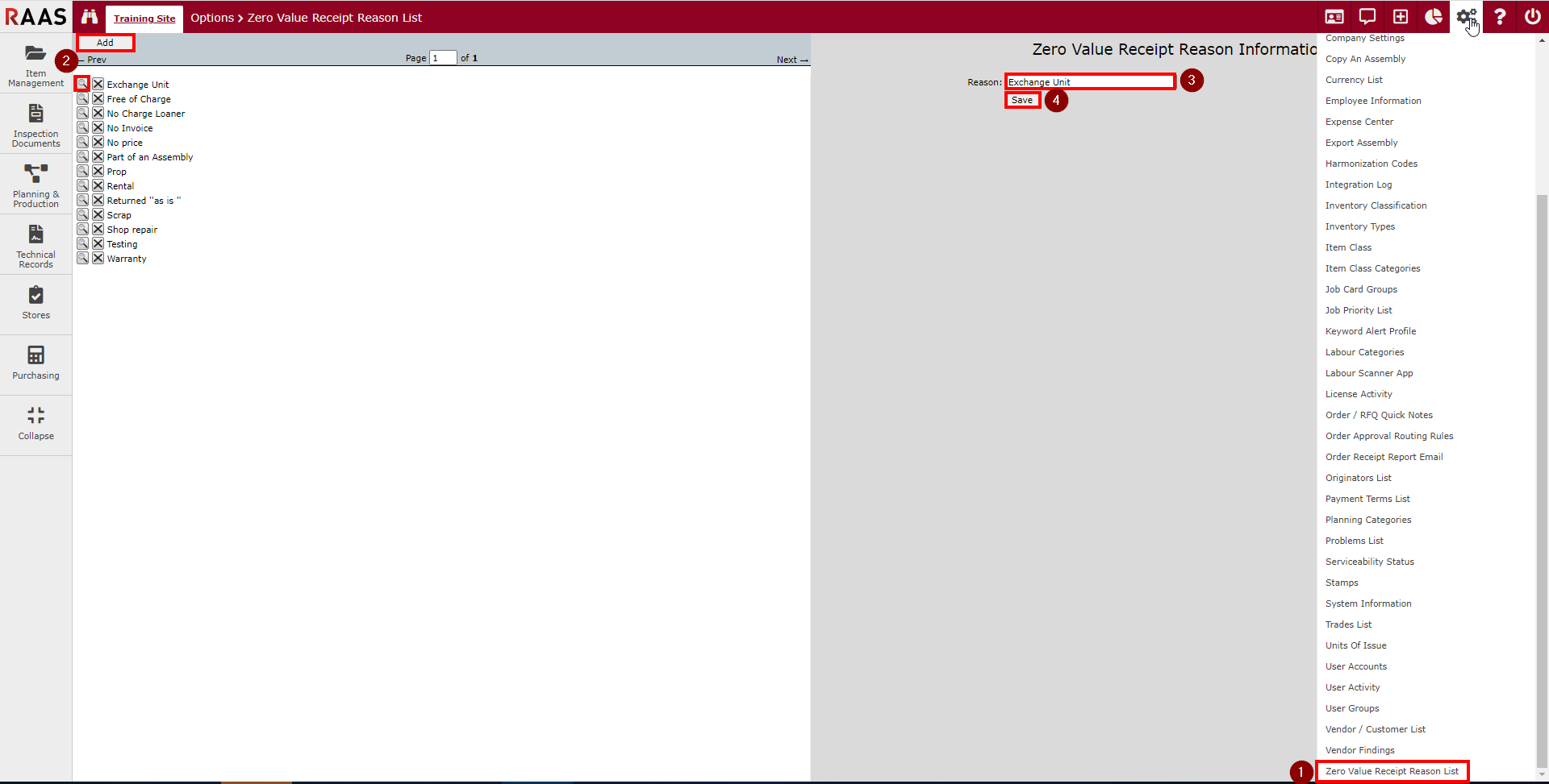 ZERO VALUE RECEIPT REASON LIST
