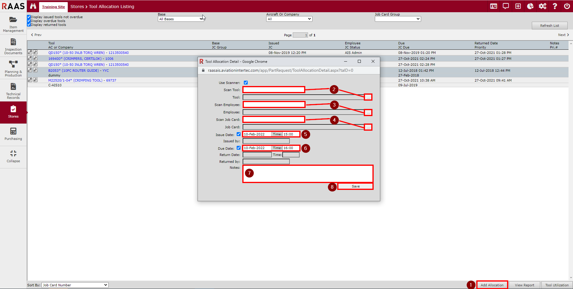 TOOL ALLOCATION LISTING